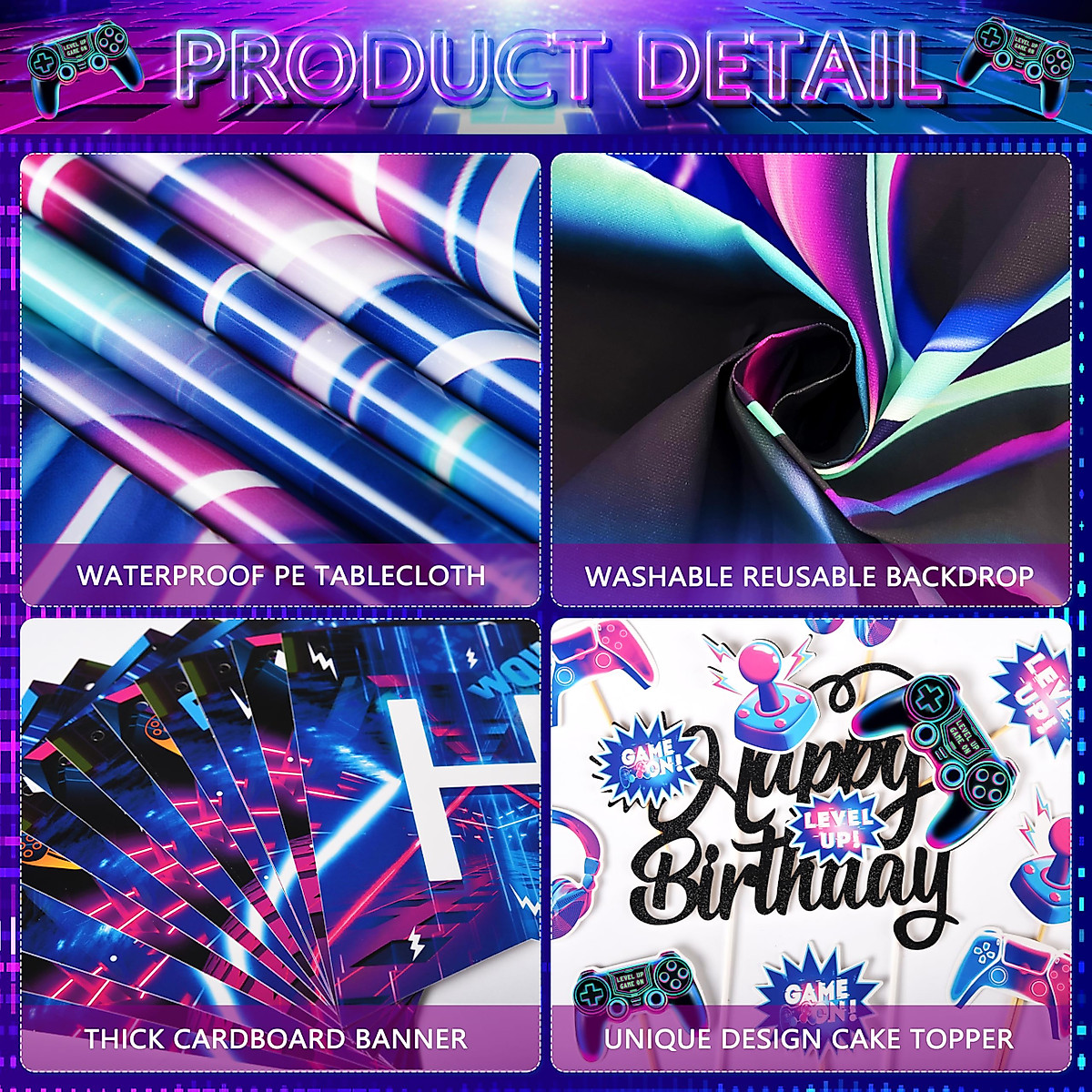 JOPHMO Video Game Birthday Party Decorations for Boy Game Happy Birthday Party Supplies with Happy Birthday Backdrop Banner Gaming Tablecloth Blue Balloon Arch Kit Cake Toppers for Boy Birthday Party