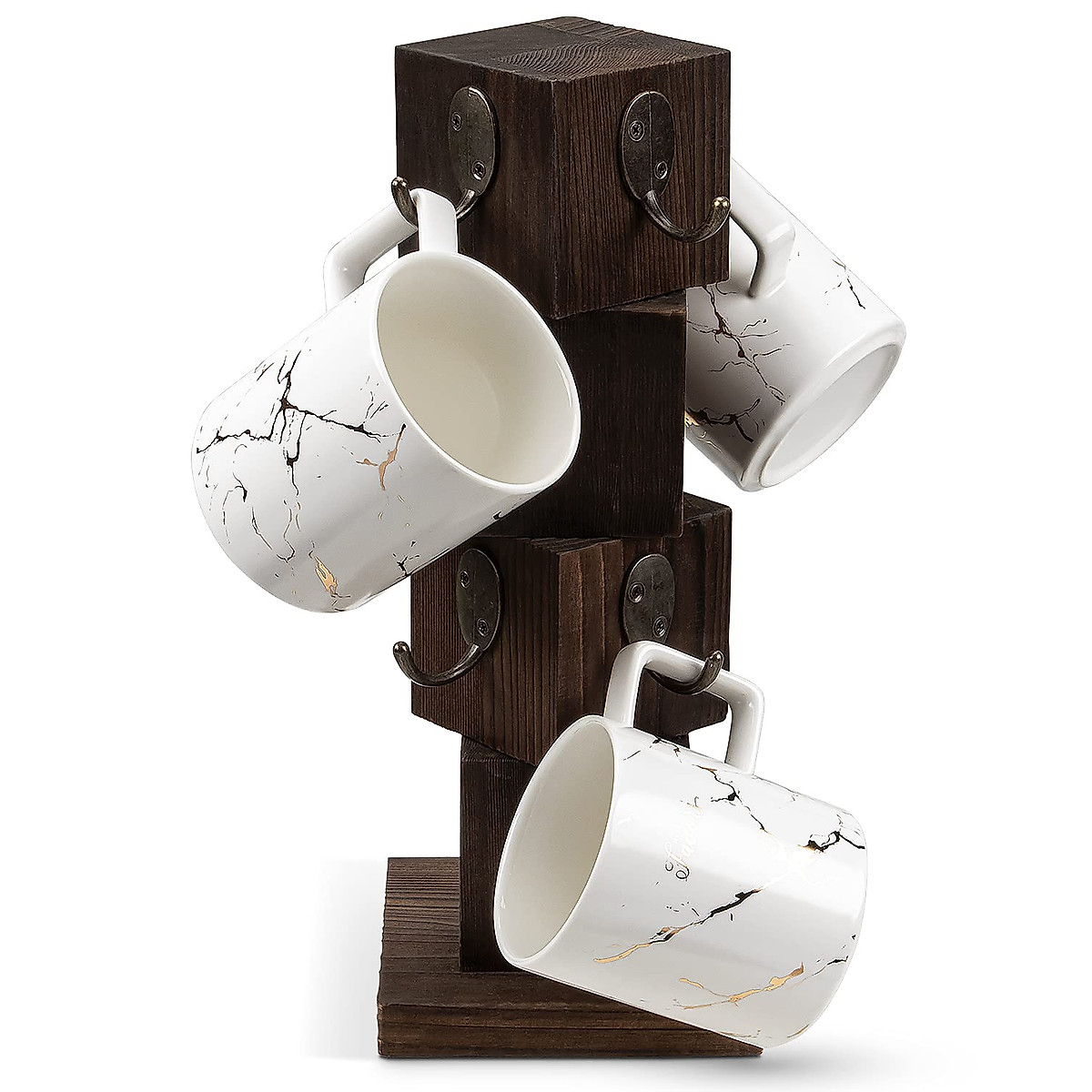 PUERSI Coffee Mug Holder for Counter, Rustic Solid Wood Mug Tree, Farmhouse Wooden Coffee Cup Rack, Distressed Mug Stand with 8 Hooks (Rustic Brown)