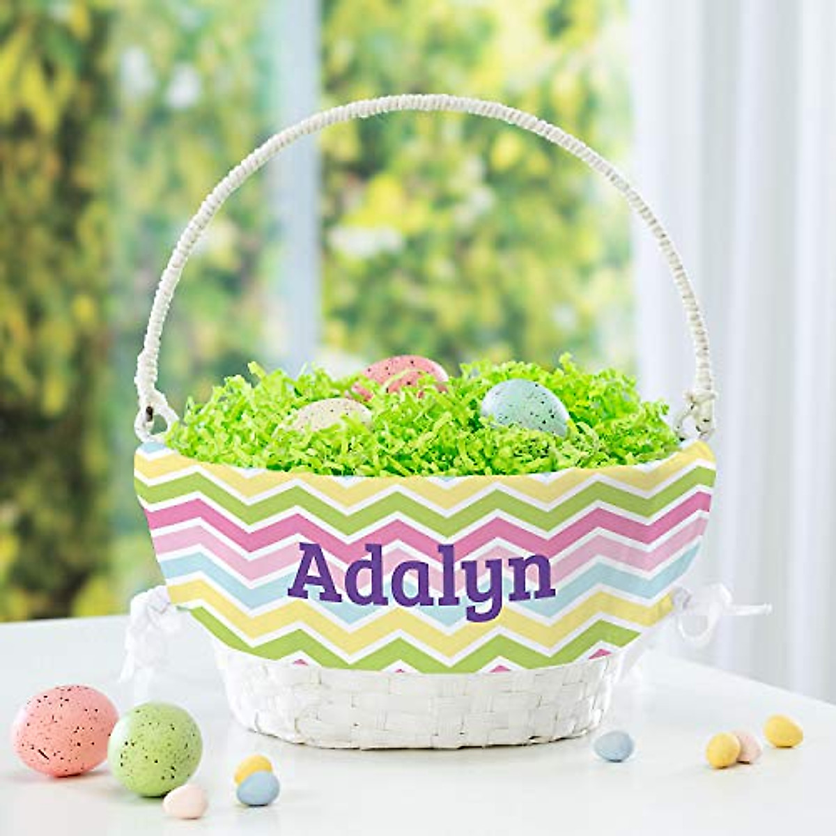 Personalized Easter Egg Basket For Her with Handle and Custom Name | Chevron Easter Basket Liners | White Basket | Woven Easter Baskets for Kids | Customized Easter Basket | Gift for Easter