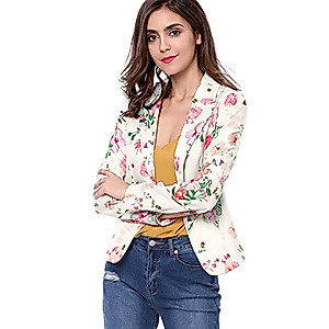 Allegra K Women's Open Front Notch Lapel Printed Business Casual Suit Blazer Jacket Medium White-Floral