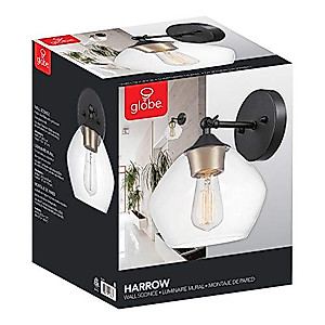 Globe Electric 51367 1-Light Wall Sconce, Matte Black, Gold Accent Socket, Clear Glass Shade, Wall Lighting, Wall Lamp Dimmable, Wall Lights for Bedroom, Kitchen Sconces Wall Lighting, Home Décor