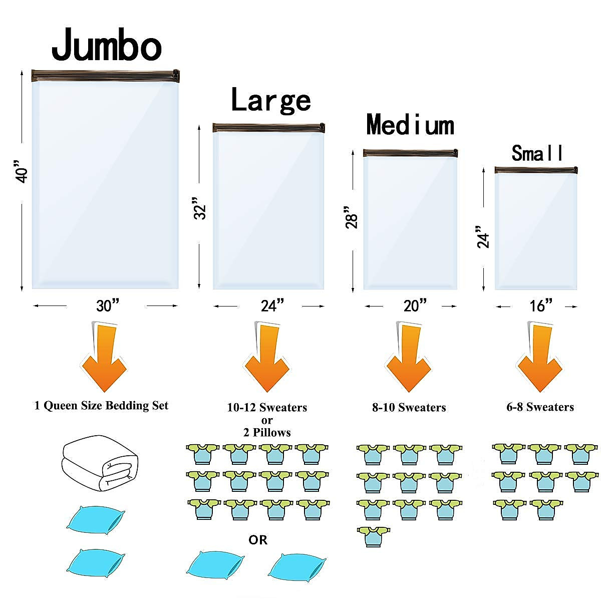 Vacuum Storage Bags (3 x Jumbo, 3 x Large, 3 x Medium, 3 x Small), Space Saver Sealer Compression Bags with Travel Hand Pump for Blankets, Comforters, Pillows, Clothes Storage