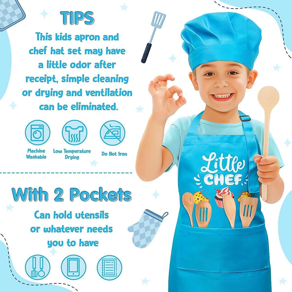 R HORSE 2 Pcs Kid Apron and Chef Hat Set, Adjustable Children Blue Kitchen Apron Cooking Baking Painting and Training Kits Dress up Role Play Chef Toy Kid Funny Cooking Gift New Year