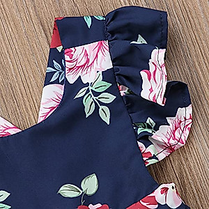 LYSMuch Toddler Kids Baby Girls Summer Floral Dress Party Backless Ruffle Sundress Beachwear Overall Skirt Clothes Outfits (Navy Blue, 12-18 Months)