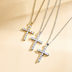 Cross Necklace For Women Sterling Silver 3 Prong Setting Cubic Zirconia CZ Simulated Diamond Latin Cross Pendant Necklace for Women with 18 Inch Sterling Silver Chain