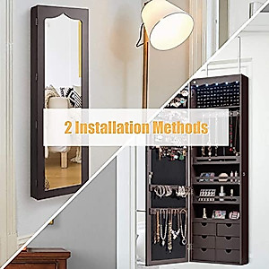 CHARMAID 5 LEDs Mirror Jewelry Armoire Wall Door Mounted, Lockable Jewelry Cabinet with 6 Drawers and Full Length Mirror, Large Capacity Jewelry Organizer Storage Jewelry Box with Drawers (Brown)