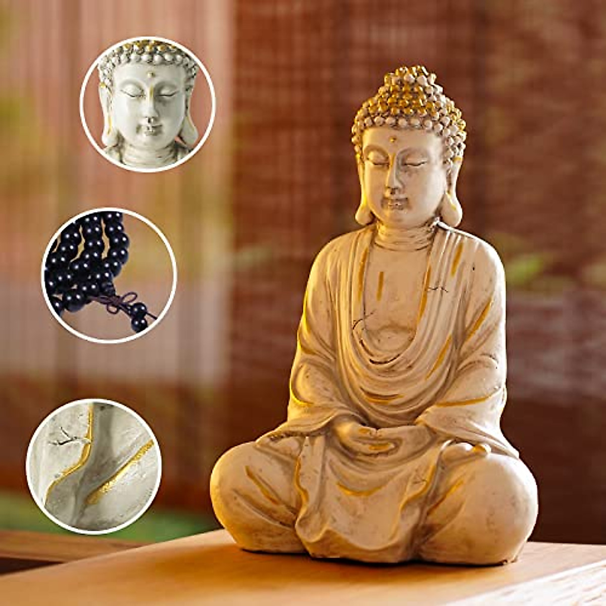 Goodeco 11.4 Meditating Zen Buddha Statue Figurine Sculpture - Indoor/Outdoor Decor for Home,Garden,with Natural Wood Beaded Necklace,Polyresin (White Gold)