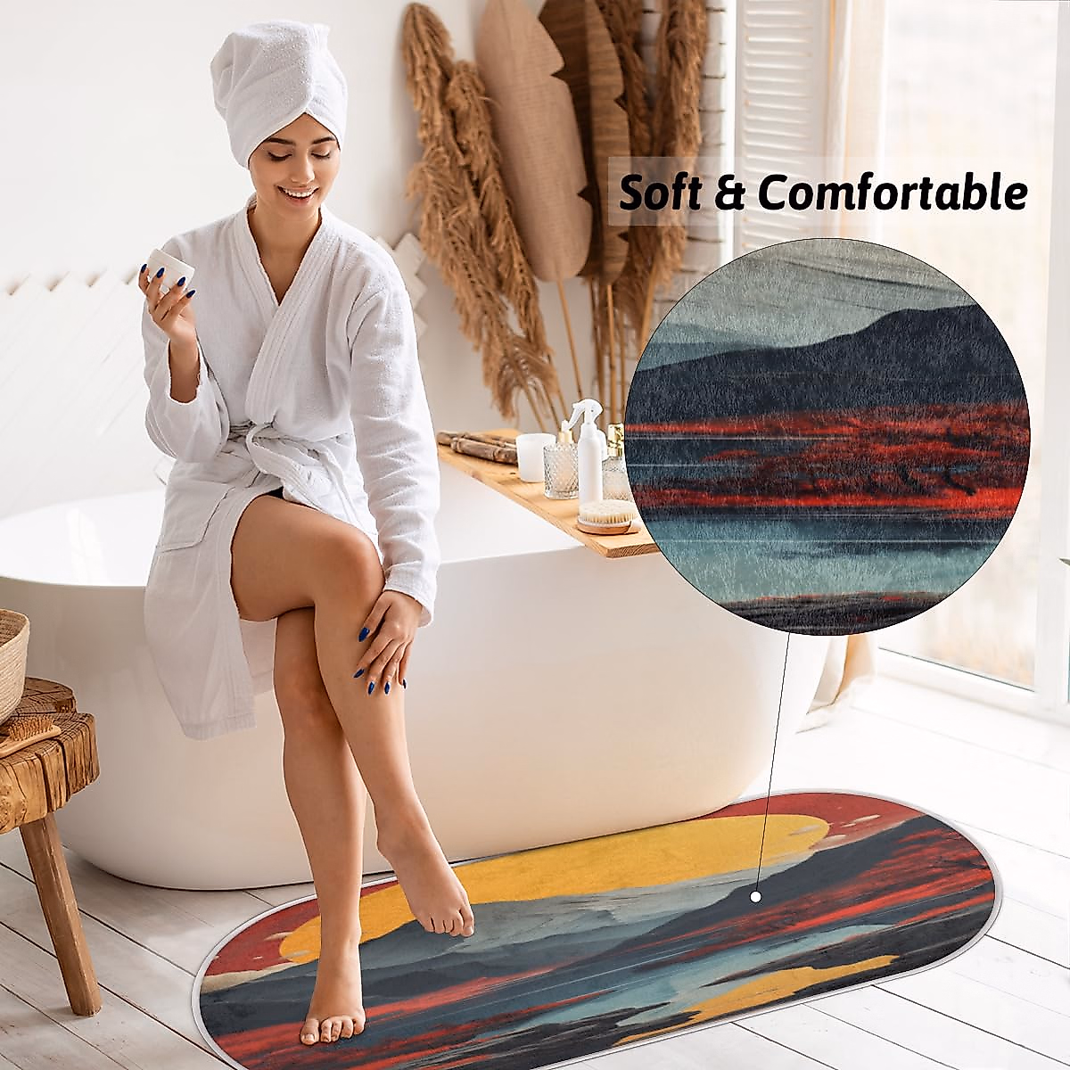 Tavisto Yellow Sun Red Tree Fluffy Oval Shaggy Rugs for Bedroom Aesthetic Plush Floor Mat - Soft and Absorbent - Ideal for Living Room,Home Decor, and Playrooms