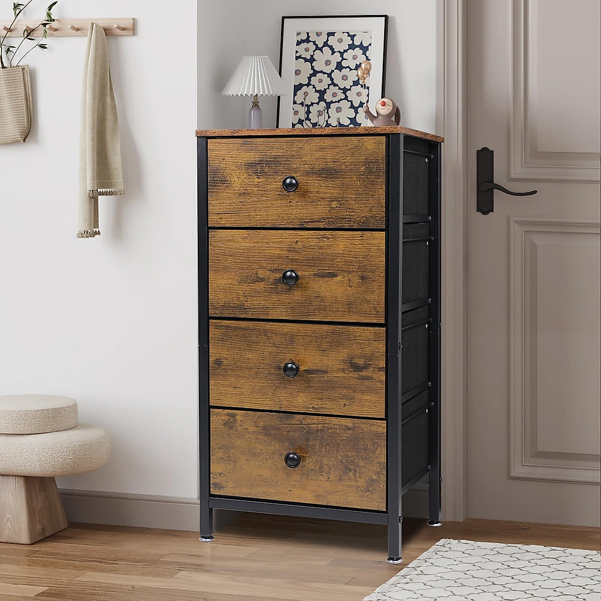 Front & Top Wood Storage Chest of Drawers for Small Space - 16"L ×12"W ×31.5"H Wood and Steel Storage Tower with Removable 4 Fabric Drawers, Combination Dresser for Bedroom,Entryway,Corner,Dark Brown
