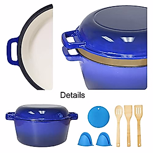 Enameled 2in1 Cast Iron Dutch Oven Pot with Grill Lid – 5 Quart Dutch Oven with Lid Cast Iron, 8pc Accessories Set, Never Needs Seasoning, Cobalt Blue Enamel Dutch Oven for Cooking & Baking