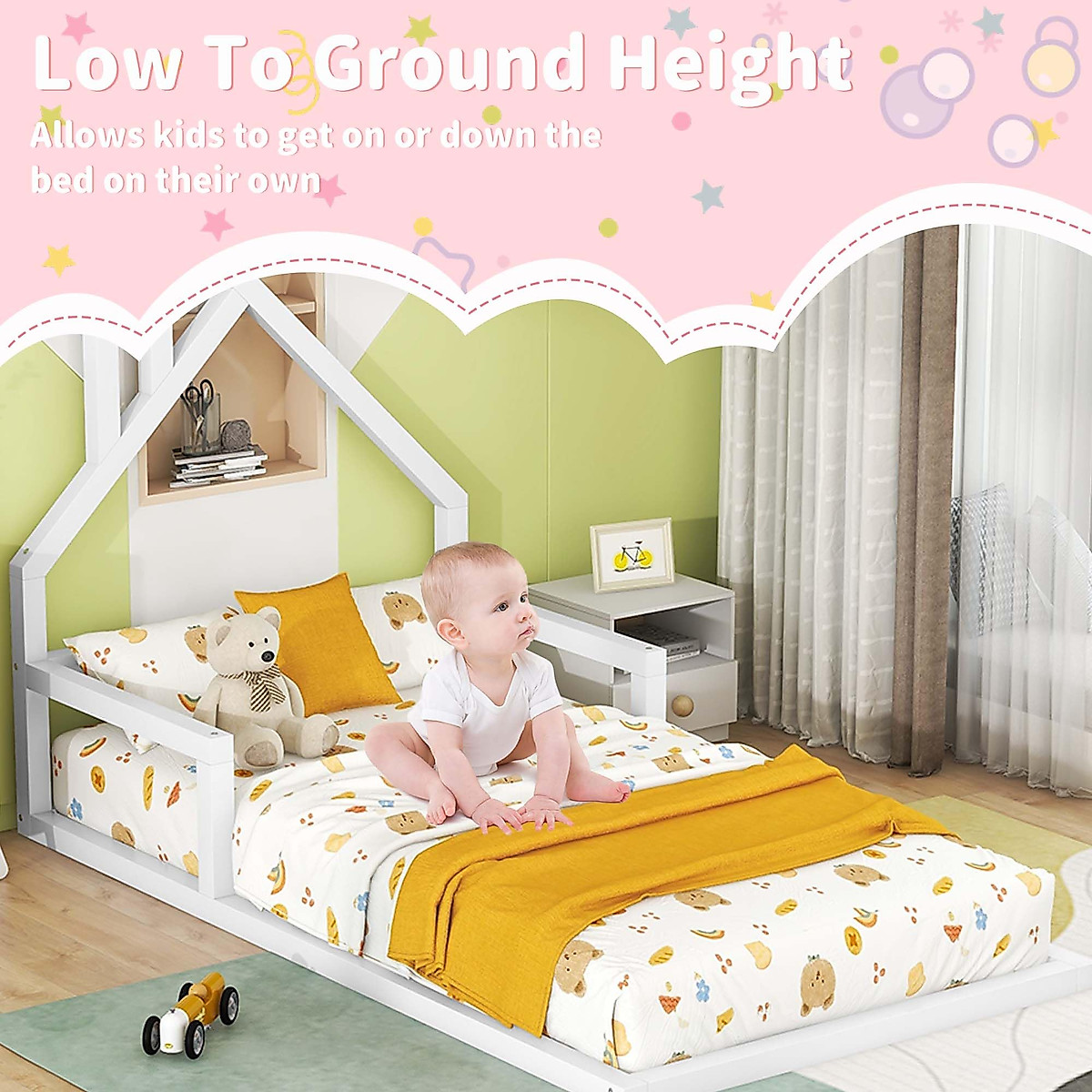 Floor Bed for Kids, Twin Size Montessori Bed with House Shape Headboard and Railings, Wood House Bed with Slats for Boys Girls, Low to Ground Height, No Box Spring Needed, White