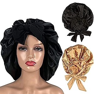 RONRONS 2 Pieces Satin Bonnets for Black Women Silk Hair Bonnet Sleeping Cap