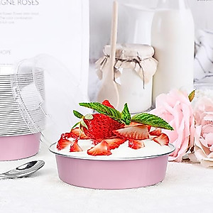 Suice Mini Cake Pans with Lids, 100PCS Disposable Foil Cupcake Baking Cups with Lid, 8oz Light Pink Cupcake Liners with Lids Mini Muffin Pan Cake Tins, Aluminum Creme Brulee Ramekins Dessert Cups