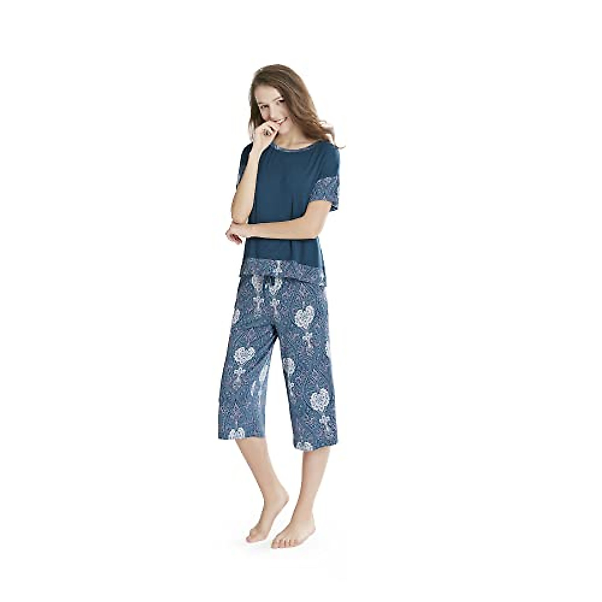 INK+IVY Pajamas for Women - Short Sleeve and Capri Pants PJ Set Loungewear, Casual Soft Breathable Sleepwear, Large, Bohemian Night Navy 2 Piece