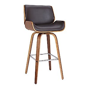 Armen Living Tyler Mid Century Modern Swivel Bar Stool for Kitchen Island Counter in Brown Faux Leather and Walnut Wood, 30" Seat Height