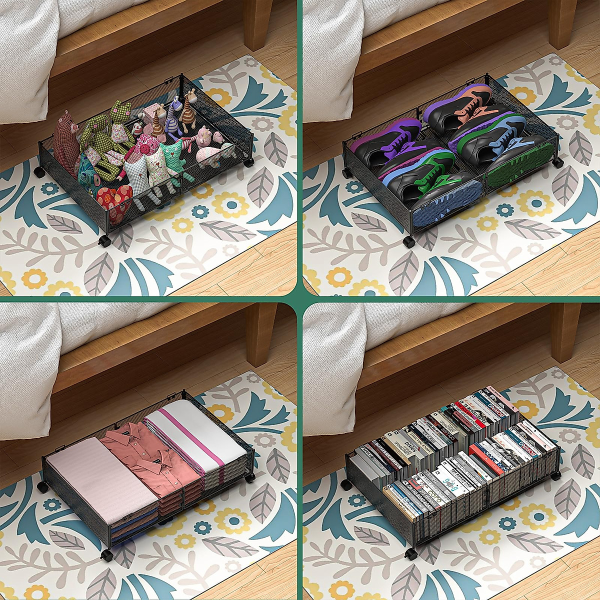 TUMUCUTE Under Bed Storage, Underbed Storage Containers with Wheels, Metal Under the bed storage, Under Bed Storage Organizer for Shoe, Clothes, Blankets, Bedding(2 Pack)