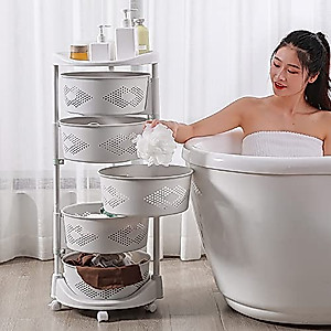 DYRABREST Multi-Layer Kitchen Storage Rack,5 Tier Rotating Vegetable Organizer with Lockable Casters,Floor-Standing Storage Rack,Household Storage Rack for Home Kitchen Bathroom Salon,White (5-Tier)