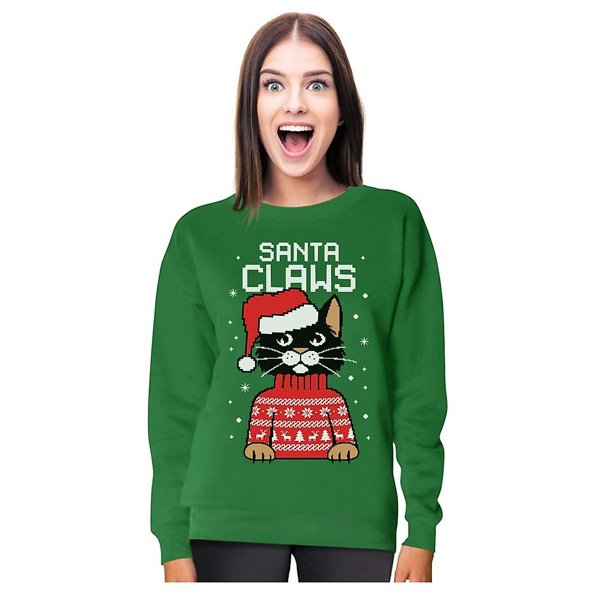 Tstars Santa Claws Sweatshirt Women Teen Girls Cat Ugly Christmas Sweater Style X-Large Green
