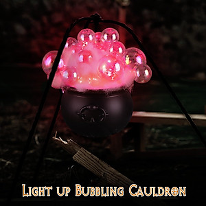 Liliful Light up Bubble Cauldron DIY Set, 7.68" Black Plastic Witches Cauldron with Handle 24 Pcs Clear Plastic Balls and String Light Halloween Cauldron Candy Bowl for Halloween Decorations (Red)