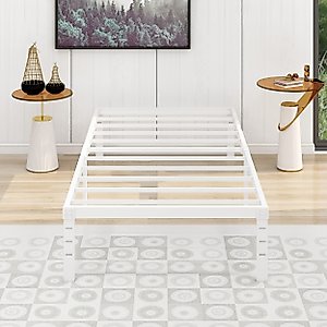 alazyhome Twin Size Bed Frame 14 Inch Metal Platform Bed Frame Heavy Duty Steel Slats Support No Box Spring Needed Noise-Free Easy Assembly White