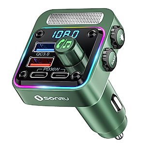 Bluetooth 5.3 FM Transmitter Car Adapter - SONRU Car Charger 54W [PD 36W & QC3.0 18W], Wireless FM Radio Transmitter [HiFi Treble & Bass Player], 5 Colors LED Backlit, Hands-Free Calling, U-Disk