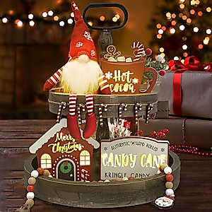 Christmas LED Tiered Tray Decor - Candy Cane, Xmas Plush Gnome, Wood Beads Garland & Mini Banner