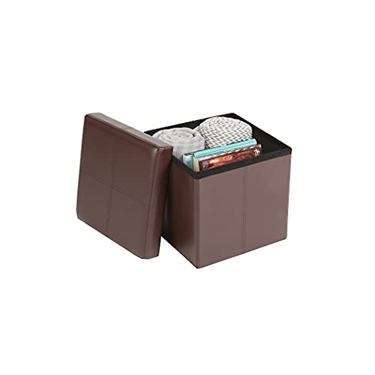 Fresh Home Elements FHE 12” Folding Storage Ottoman Cube, 12 x 12 x 12, Brown Vegan Faux Leather, Easy Transformation for Extra Storage, Seating, and Foot Rest, Family, Guests, Decluttering