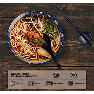 Ceramic Ramen Bowl Set - 8 Piece- Large White 40 oz Japanese Ramen Bowls, Spoons, Chopsticks and Chopstick Stands For Udon Noodles, Miso Soup, Cereal, Pasta, Pho and Salad Serving Set of 2 Blue