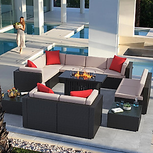 Greesum Patio Furniture 13-Pieces Outdoor PE Rattan Sectional Sofa w/43in Gas Fire Pit Table Sets 55000 BTU Add Warmth to Gatherings Parties On Deck Garden Backyard, Beige