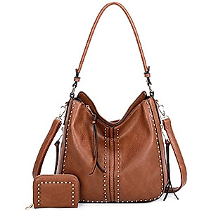 Concealed Carry Hobo Bag Crossbody Purse Shoulder Bag Hand Bag Wallet Studded Faux Leather Women Tote Bag (Brown)