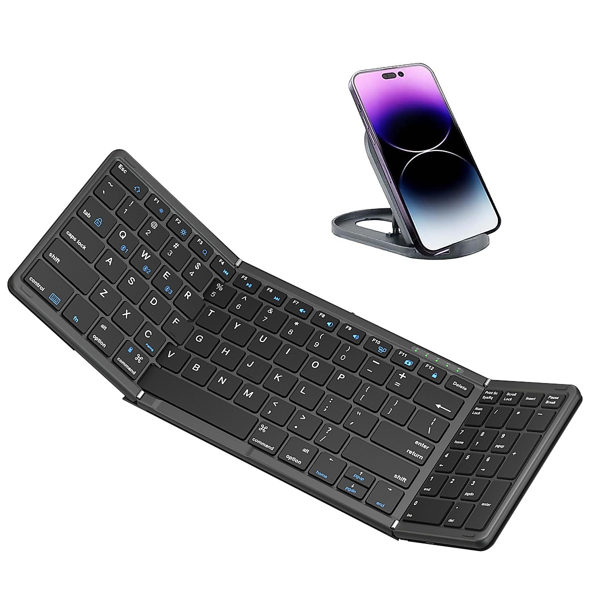 JPHTEK Folding Bluetooth Keyboard with Numeric Keypad, Full-Size Wireless Folding Keyboard with PU Leather Sync Up to 3 Devices, Rechargeable Portable Travel Keyboard for Windows iOS Android
