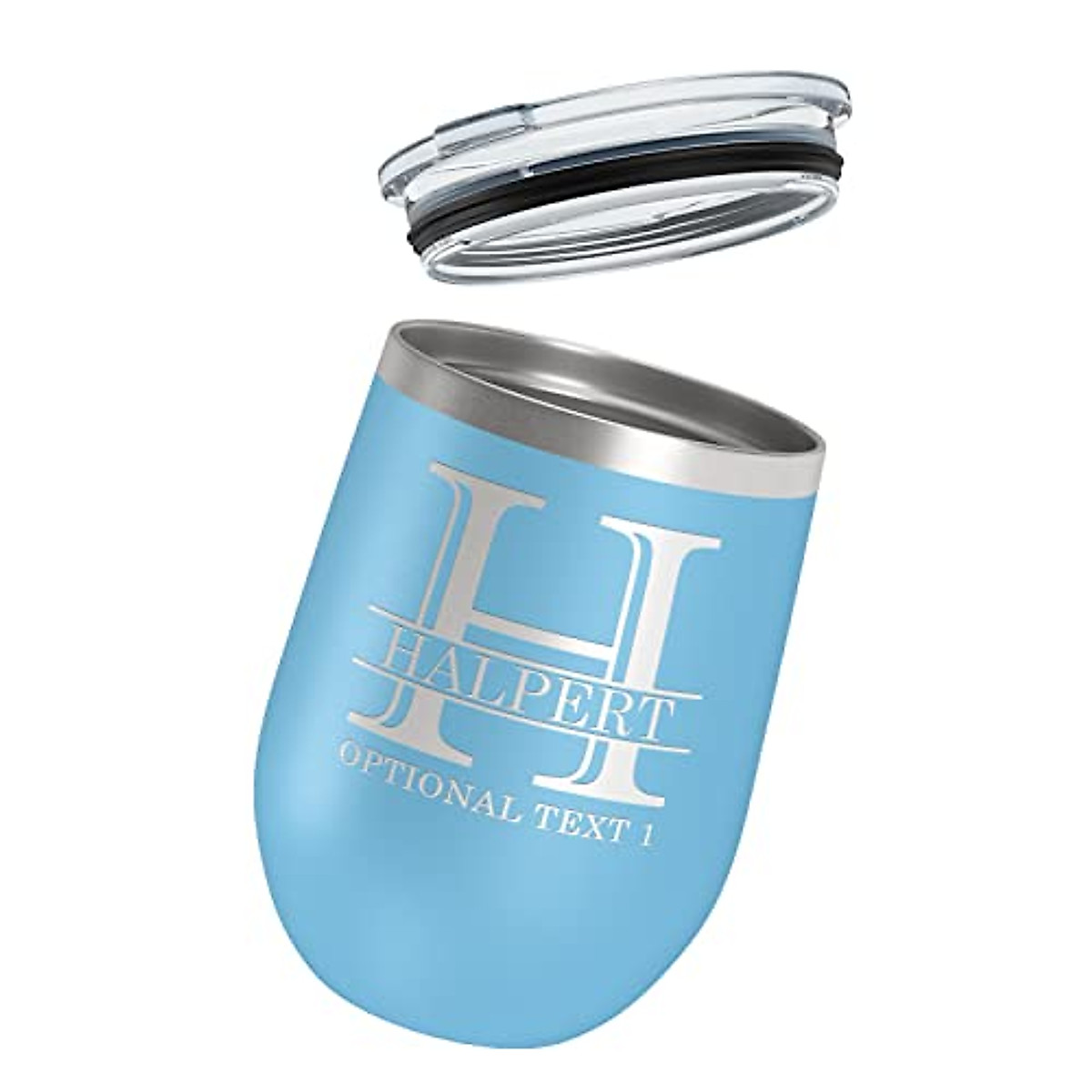 Personalized 12oz (17 Colors) Powder Coated Stainless Steel Stemless Wine Tumbler with Lid, Custom Etched, Customized Gift for Women Her, Wine Lover, Halpert Monogram Initial Name (Light Blue)