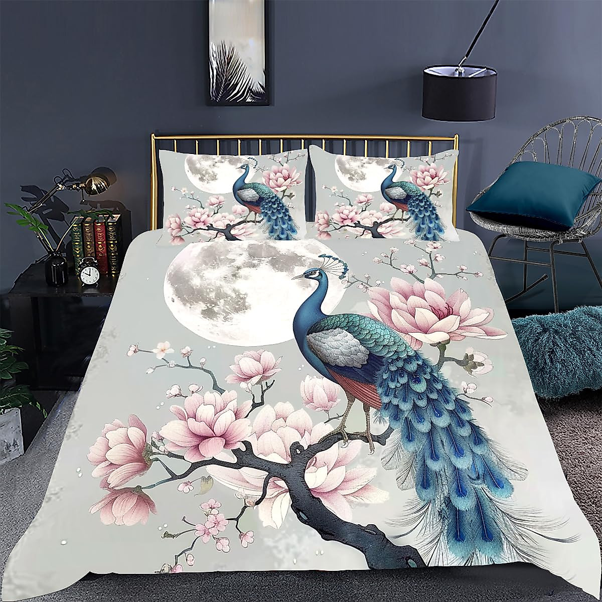 CCoutueChen Blue Peacock Duvet Cover Set King Size Orchid Floral Comforter Bedding Set Elegant Botanical Flower Duvet Covers for Girls Women Adults Animal Feathers Duvet Cover with 2 Pillowcases