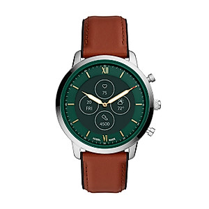 Fossil Men's 45mm Neutra Stainless Steel and Leather Hybrid HR Smart Watch, Color: Silver, Luggage Brown (Model: FTW7026)