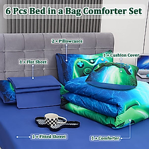 ASKOTU 6 Pcs Gamer Full Bedding Set for Boys, Blue Green Lightnings Bed in A Bag Full Size Gaming Comfortter Set with Sheets for Boys