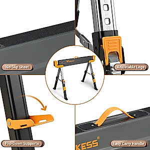 WORKESS Saw Horses 2 Pack Folding, 2600 Lbs Load Capacity & 24-32 Inch Adjustable Height Heavy Duty Sawhorse Table with 2x4 Support Arms, Portable Folding Legs and Easy Grip Handle for Woodworking