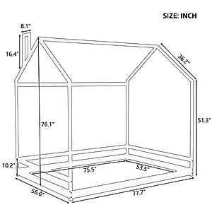 Merax Full Size House Bed Frame Floor Height Platform Bed for Kids and Toddler. Wood Full Bed Frame for Boys and Girls, House Shaped, Twin