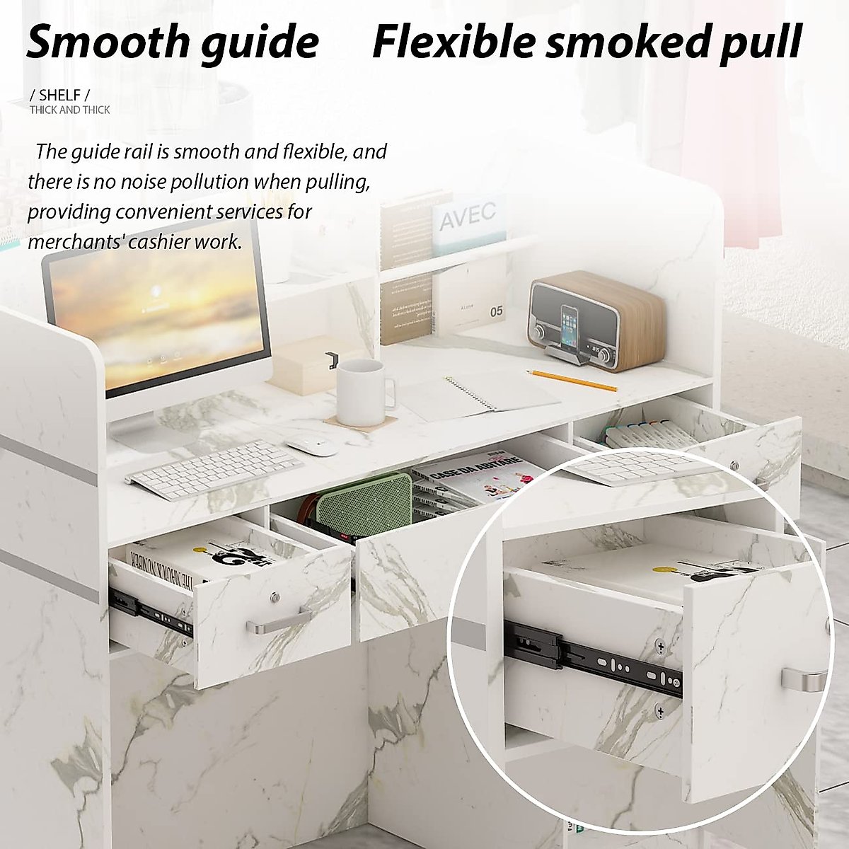 AGOTENI Reception Desk Reception Stations with Open Shelf & Drawers, Wooden Counter Desk with Lockable Drawer for Office Reception Room (Marble White)
