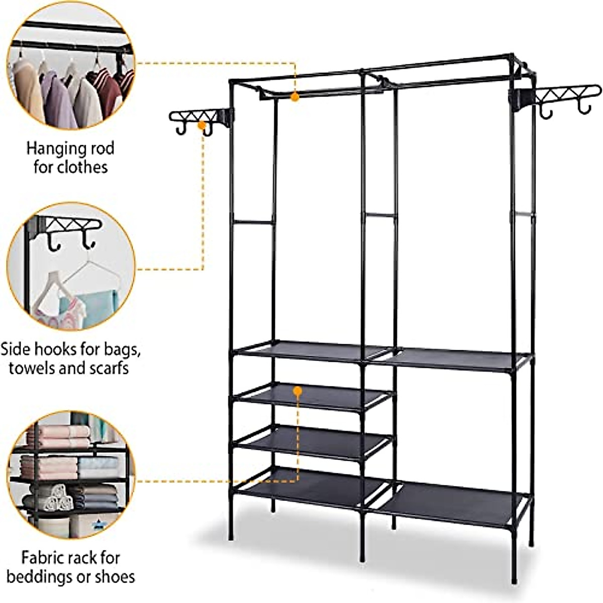 KOCASO Clothes Garment Rack 42.1"x14"x66.1", Metal Clothing Rack, Freestanding Wardrobe Closet Rack with 4 Shelves, Closet Organizer with 2 Hanging Rods Black