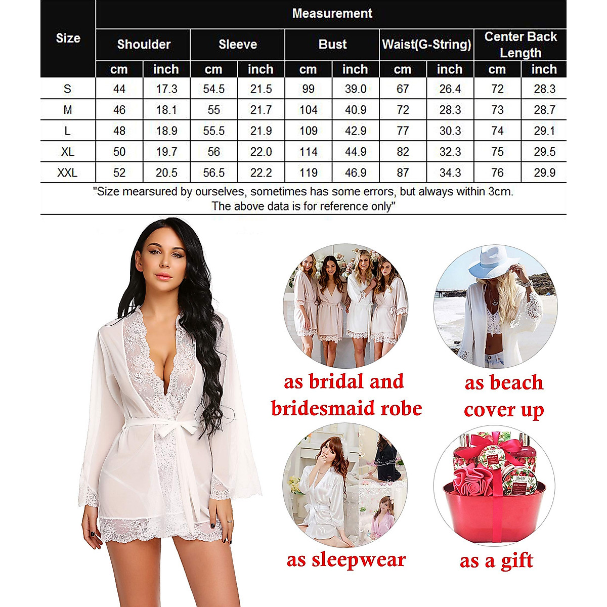 Avidlove White Garter Lingerie Set with White Sheer Kimono, Large