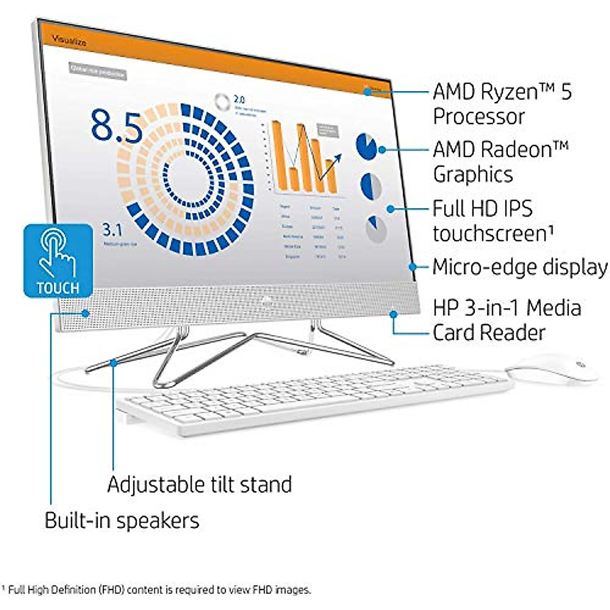 HP 24-inch All-in-One Touchscreen Desktop Computer, AMD Ryzen 5 4500U Processor, 12 GB RAM, 512 GB SSD, Windows 10 Home (24-dp0160, Silver)