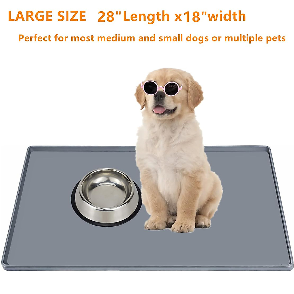 Dog Food Mat - Silicone Dog Mat for Food and Water - 28" x 18" Large Pet Feeding Mats - Waterproof Dog Cat Bowl Mat with High Edges to Prevent Water Food Spills