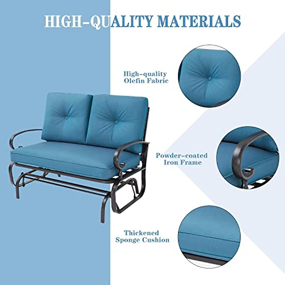 Crownland Outdoor Patio Glider Chair Porch Furniture Loveseat Seating, Wrought Iron Look Rocking Bench for Outside with Cushion(Peacock Blue)