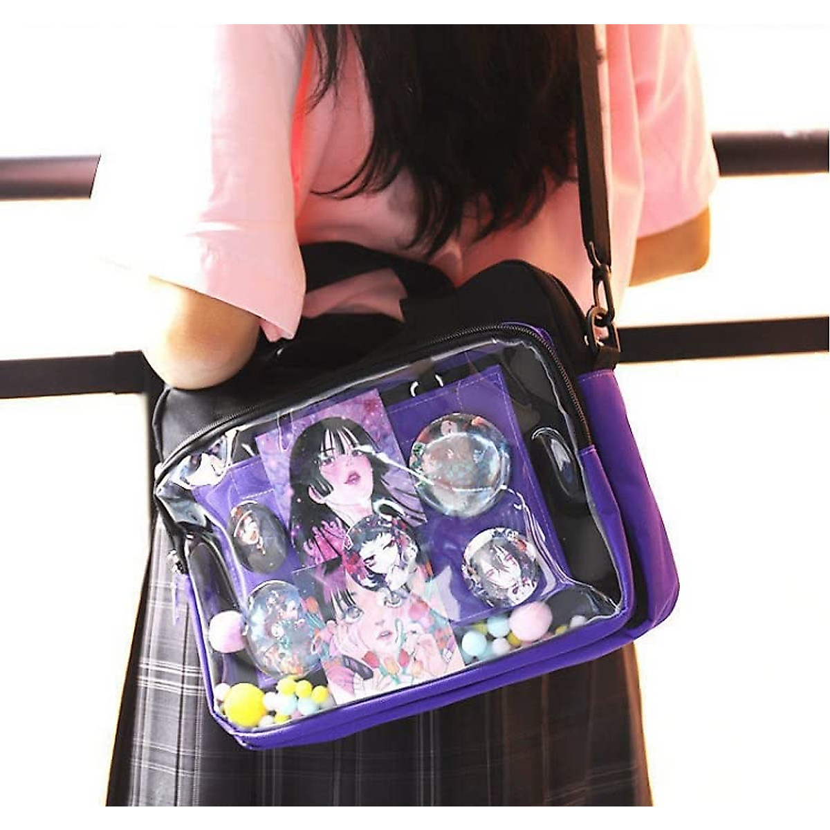 Hipi-shop Ita bag Japanese Color matching Transparent shoulder bag crossbody bag for Anime Lolita Bag DIY Cosplay Display Anime badges handbag (Black)