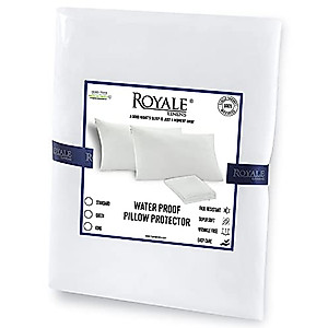 Royale Linens Waterproof Queen Pillow Protector 2 Pack - 20x30 Inches - Pillow Encasement - 100% Microfiber - Zippered Closure - Pillow Case - Smooth & Breathable (Queen, Pack of 2, White)