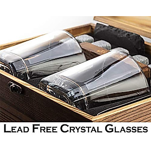 Mixology Whiskey Stones Gift Set for Men - Pack of 2, 10 oz Whiskey Glasses w/ 8 Granite Chilling Rocks, 2 Coasters, Metal Tong & Cocktail Cards in Wooden Box - Square
