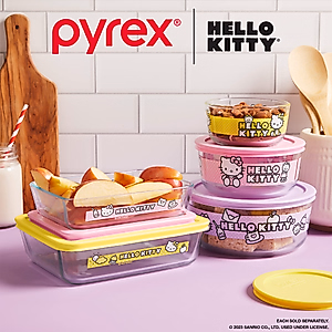 Pyrex Hello Kitty 3-Cup Glass Food Storage Container, Non-Toxic Plastic BPA-Free Lids, Freezer Dishwasher Microwave Safe