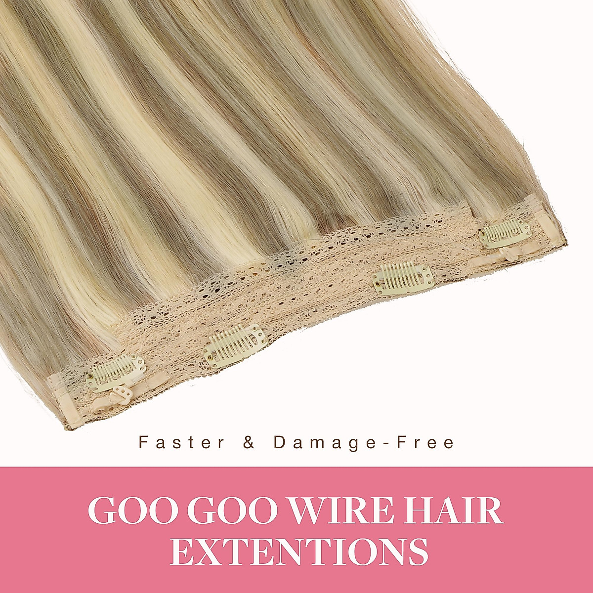 GOO GOO Wire Hair Extensions Human Hair, 16/22 Light Blondewith mix Golden Blonde Highlighted 14inch 75g, Invisible Wire Hair Extensions with Transparent, Seamless Fish Line Hairpiece