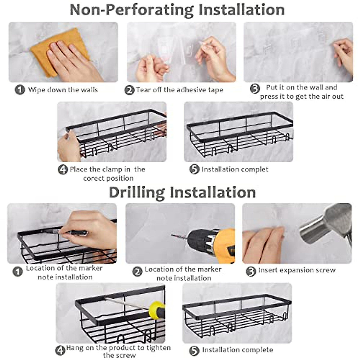 Tivisir Shower Caddy 4-Pack,Bathroom Storage Rack with Hook,Adhesive Shower Organizer ＆Drilling, Shower Organizer with Toothbrush Holder with Soap Rack,Rustproof Stainless Steel Shower Shelf (Black)