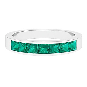 Rosec Jewels Certified Lab Grown Emerald Wedding Band, AAAA Quality, Princess Cut Emerald Anniversary Ring - Ready to Gift, 14K White Gold, Size:US 9.00